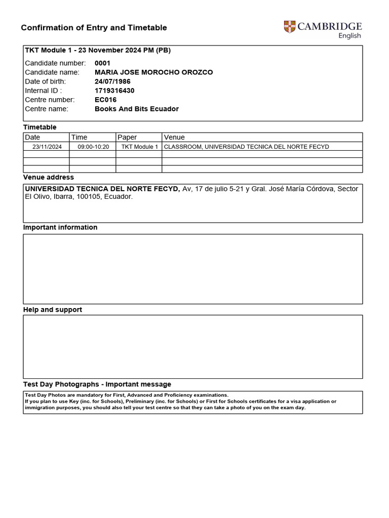 Confirmation of Entry and Timetable | PDF