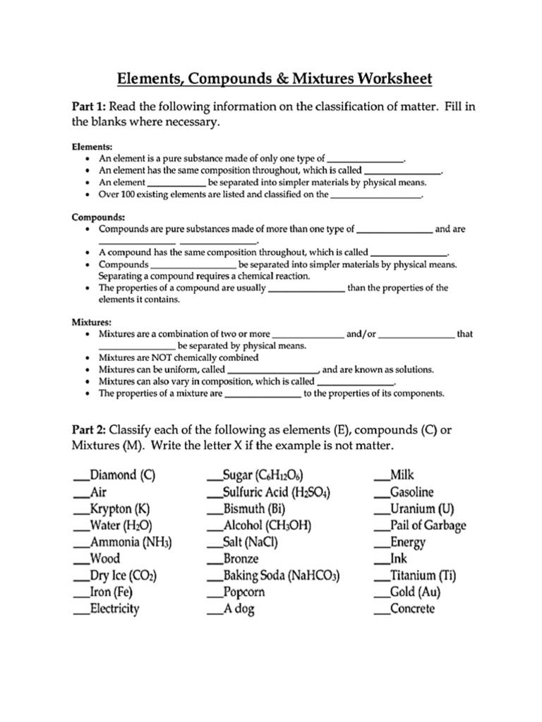 Elements, Compounds and Mixtures WS1 | PDF