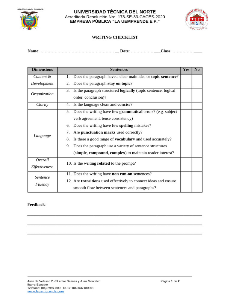 Checklist To Evaluate Writing | PDF | Fluency | Cognition