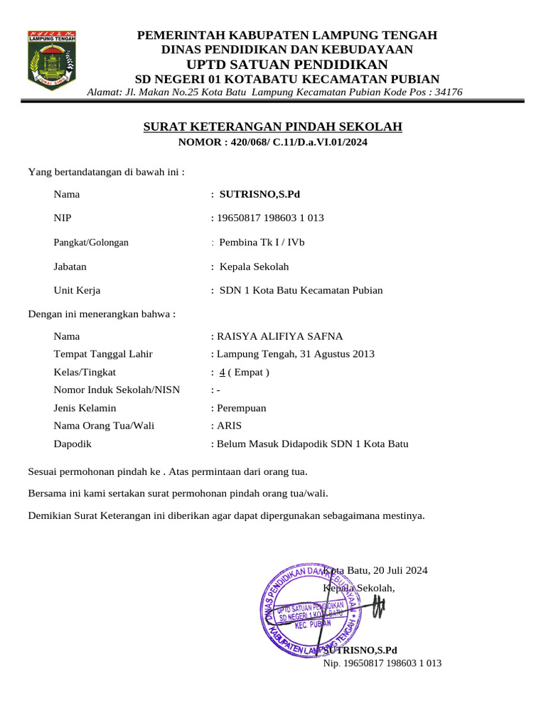 Surat Keterangan Pindah Sekolah SD | PDF