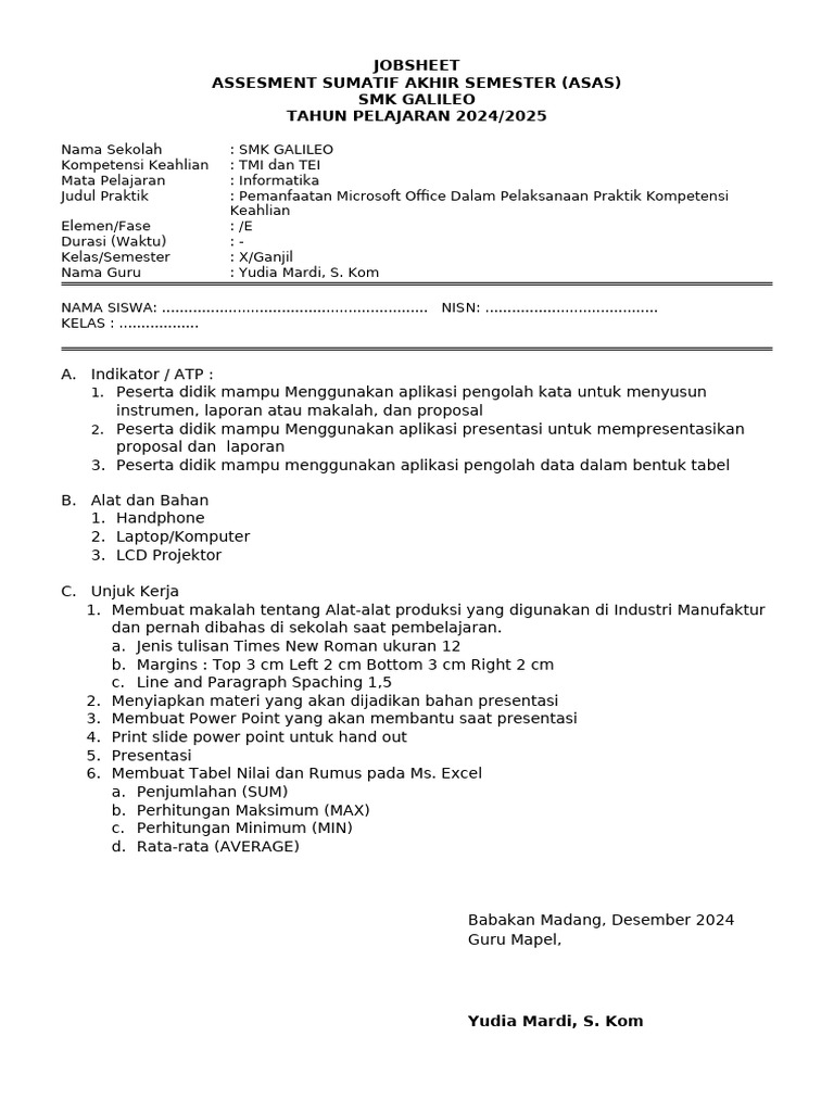 Jobsheet Informatika Kelas X Tmi Dan Tei Rev1 | PDF