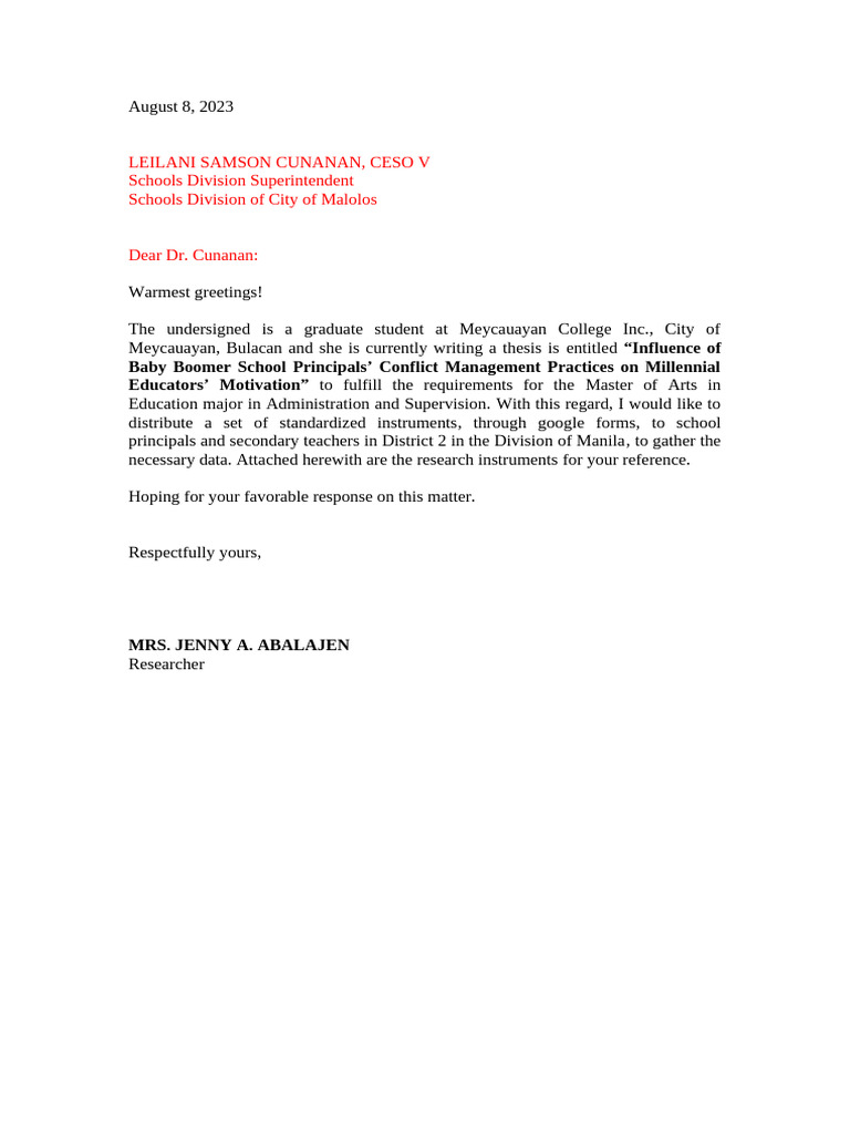 Request Letter Permission To Conduct Study | PDF