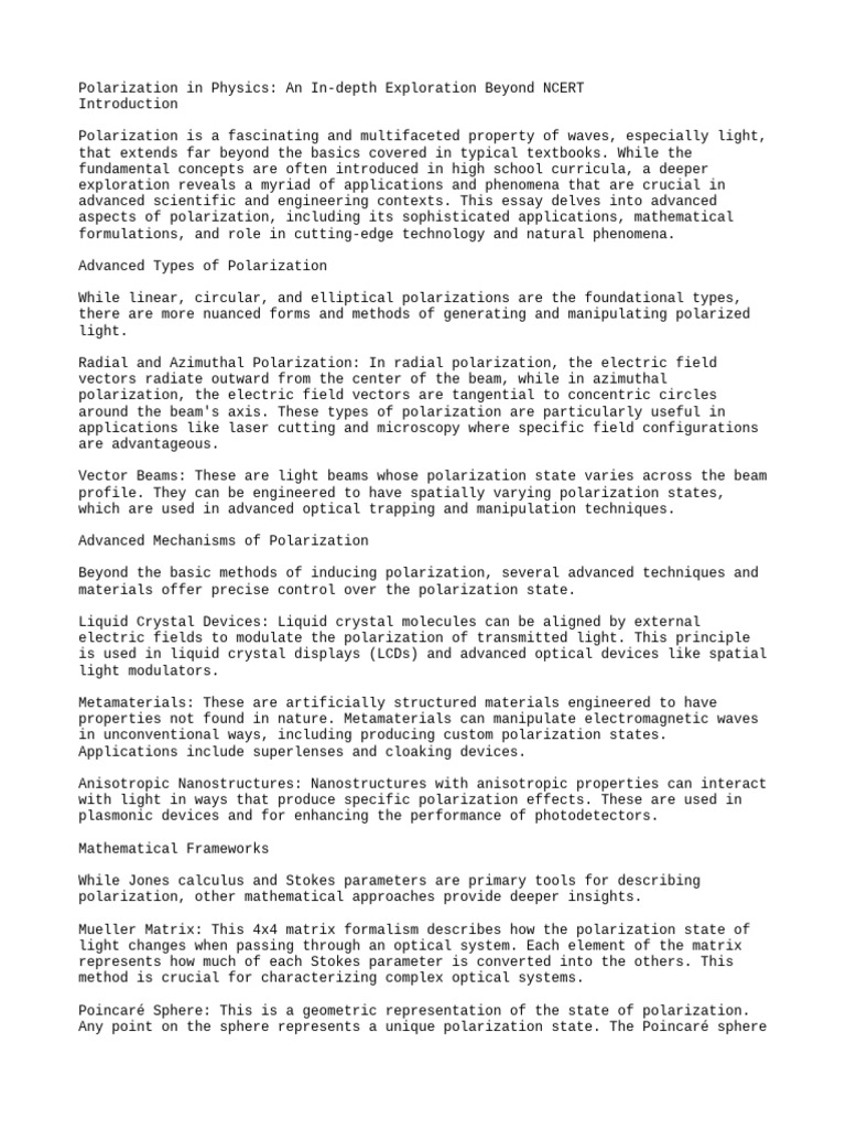 Polarization In Physics An In Depth Pdf Polarization Waves Optics