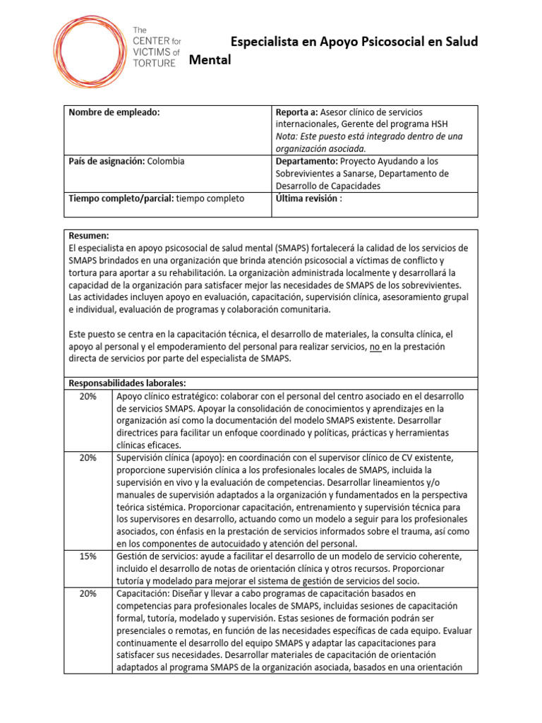MHPSS-specialist HSH CV Final SPN | PDF | Salud mental | Evaluación