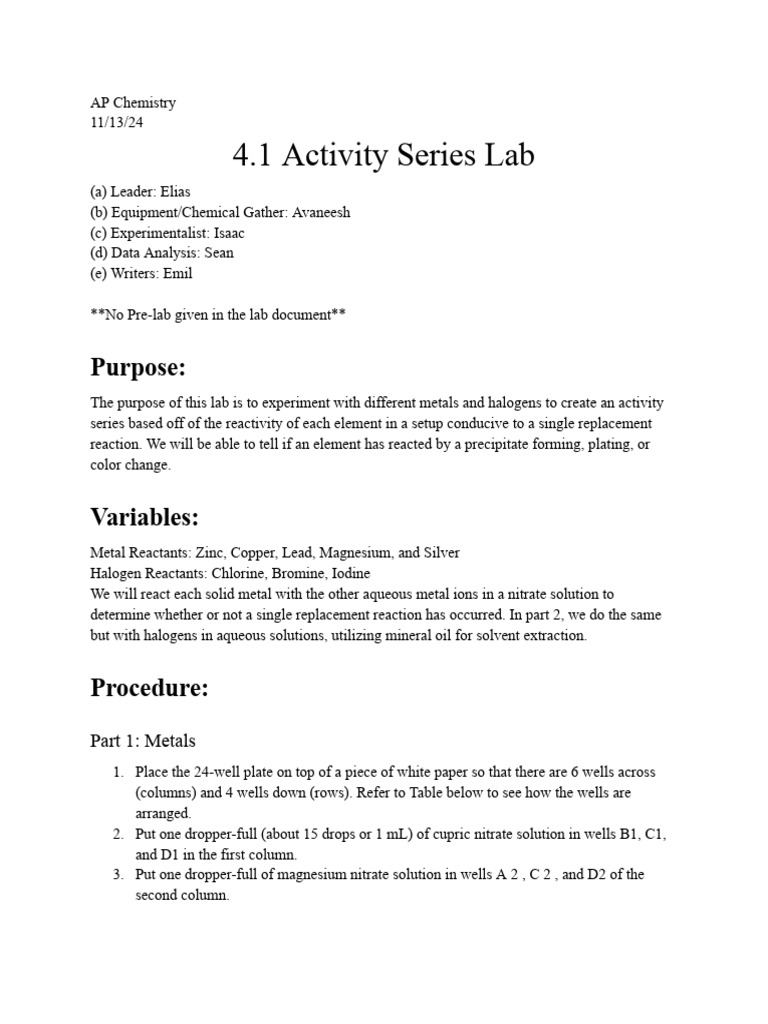AP Chemistry Activity Series Lab | PDF | Redox | Chlorine
