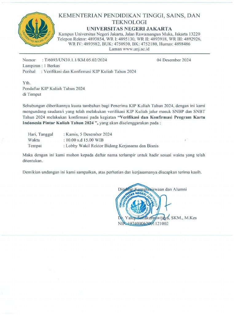 Undangan Verifikasi Dan Konfirmasi Kipk 2024 | PDF