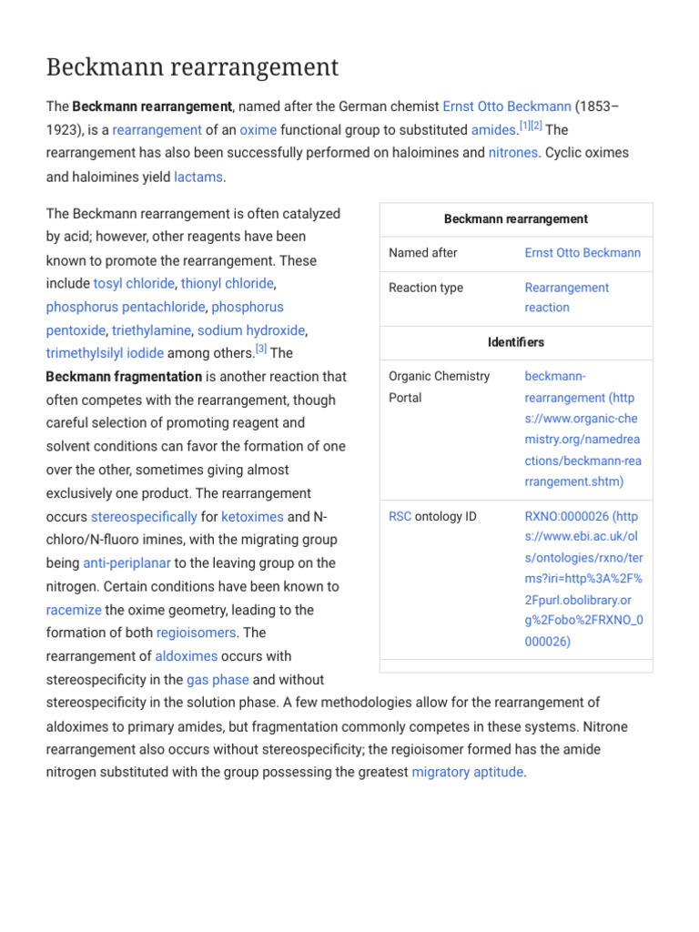 Beckmann Rearrangement - Wikipedia | PDF | Chemical Reactions | Unit ...
