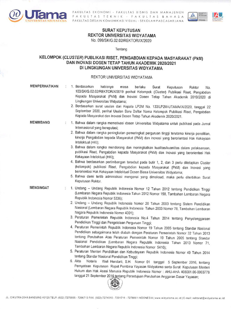 SK No.099 Kelompok Cluster Publikasi Riset PKM Dan Inovai Dosen Tetap TA 2020 2021 | PDF