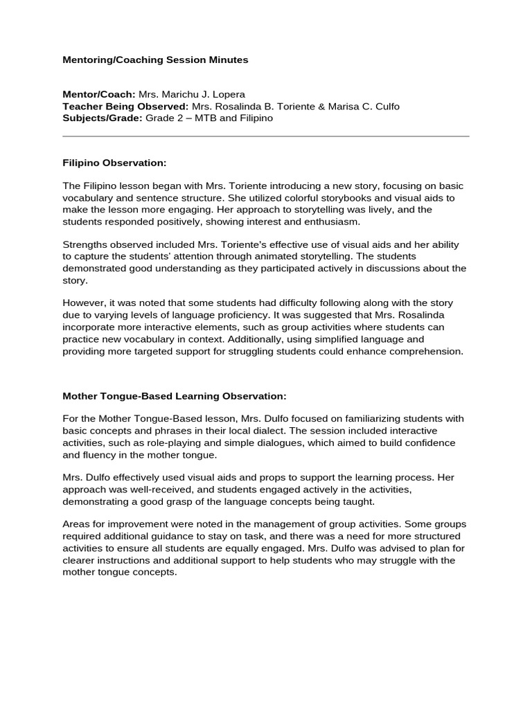 Grade 2 Mentoring Session Insights | PDF