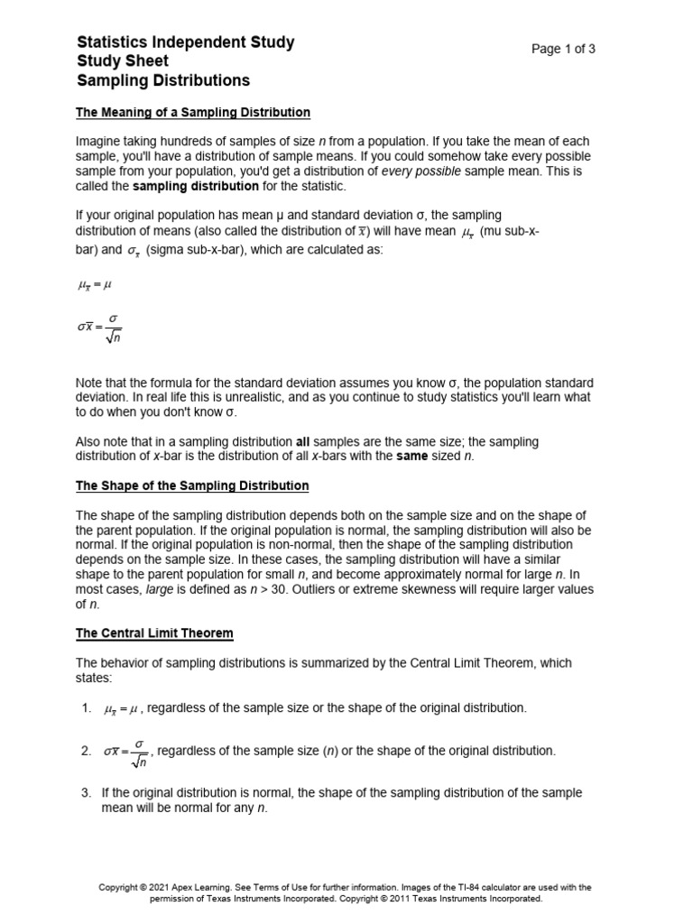 Sampling Distribution Study Sheet | PDF | Standard Deviation | Mean