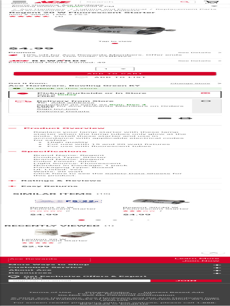 Regent Fluorescent Starter at Ace Hardware | PDF