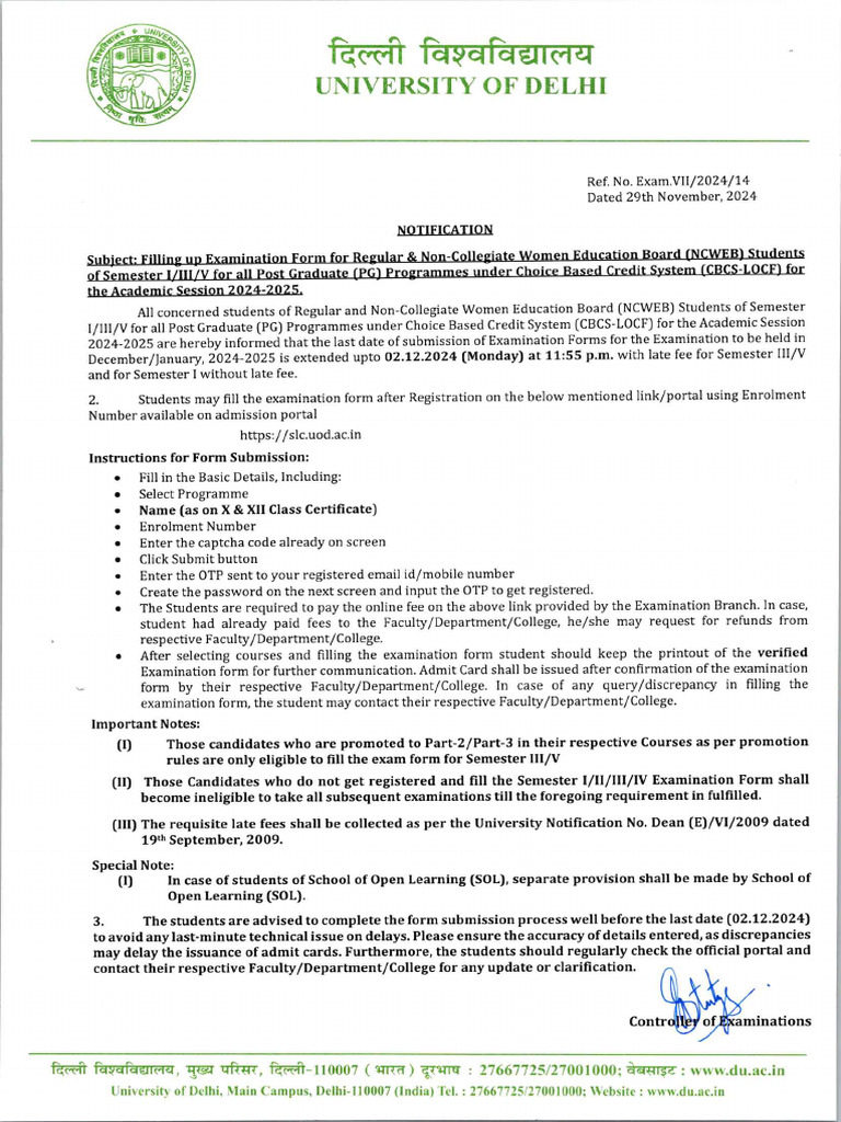 Delhi University Exam Form Submission 2024 | PDF