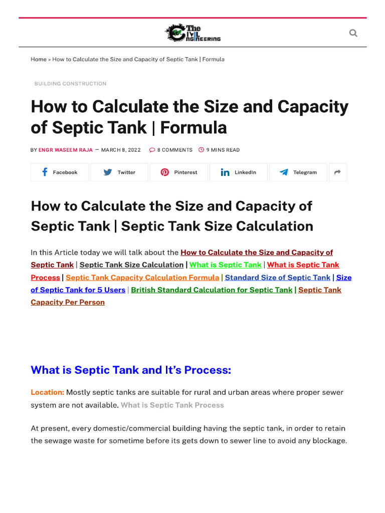 How To Calculate The Size and Capacity of Septic Tank - Formula | PDF