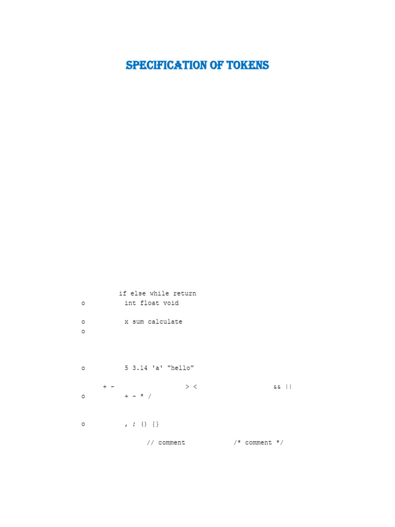 7.specification of Tokens | PDF | Reserved Word | Computer Programming