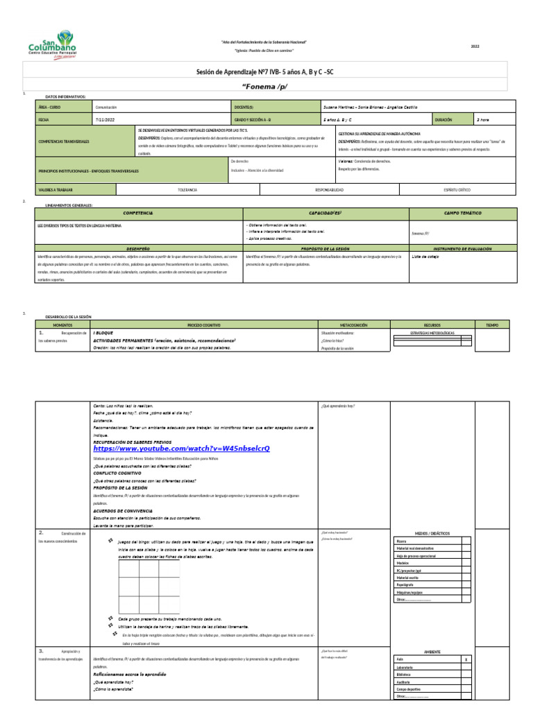 Sesión7 fonema p | PDF | Maestros | Aprendizaje