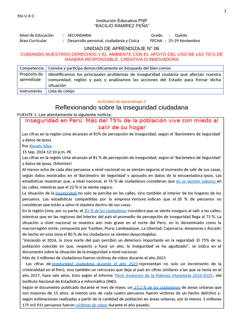 5to Act. 3 Unidad 6 DPCC 2024 | PDF | Policía | Perú