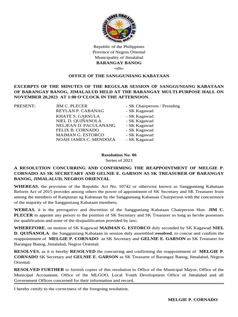 Resolution-Concurring-and-Confirming-the-appointment-of-SK-Secretary-and-Treasurer | PDF | Youth ...