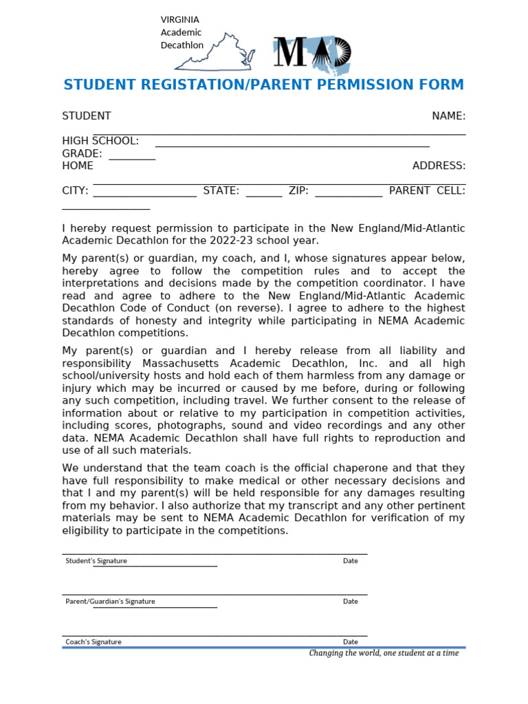 NEMA Academic Decathlon Student Form 2023 | PDF