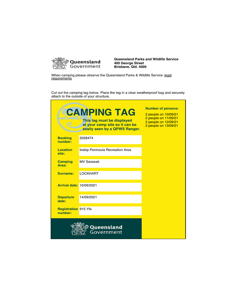 Camping Tag Instructions for QPWS | PDF