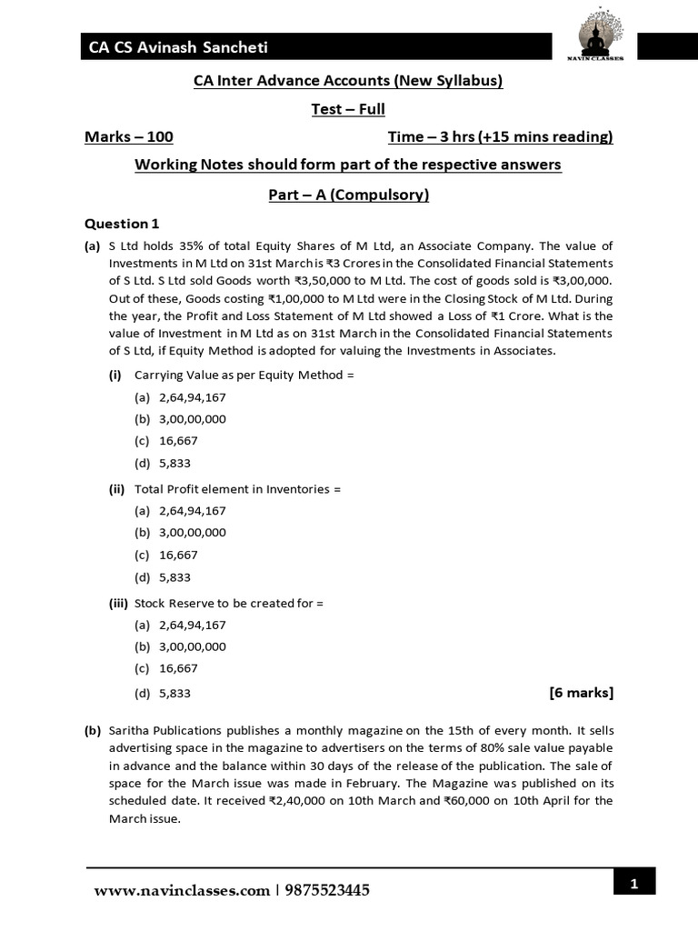 Advance Acc - Full Test - Questions | PDF | Equity (Finance) | Depreciation
