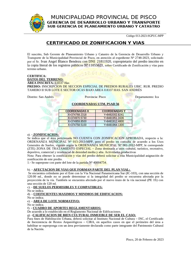 Certificado de Zonificacion y Vias C. 013 Exp. 2746 | PDF ...