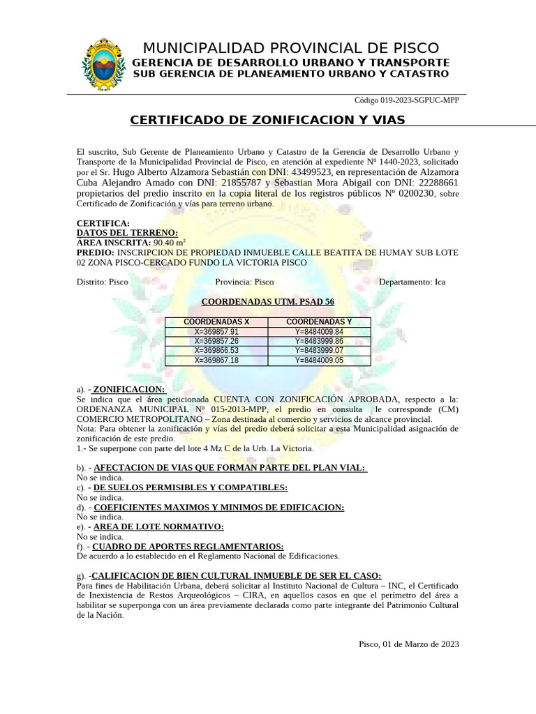 Certificado de Zonificacion y Vias C. 019 Exp. 1440 | PDF | Zonificación | Planificación