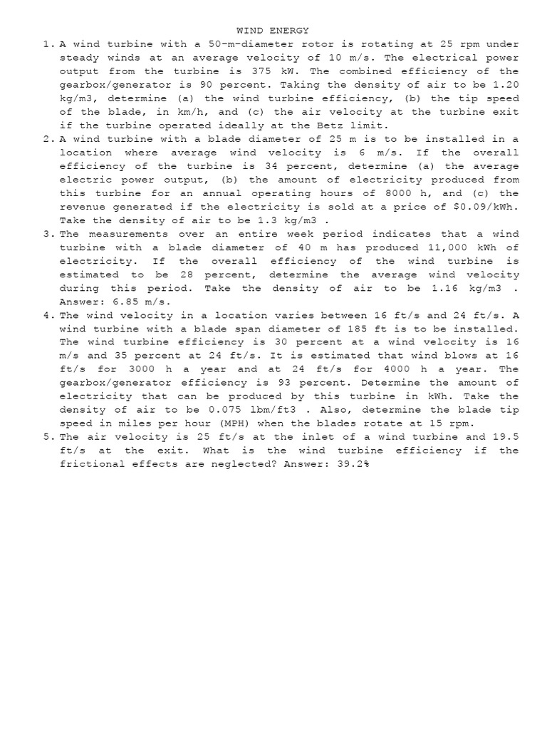 Wind Turbine Sample Problems | PDF