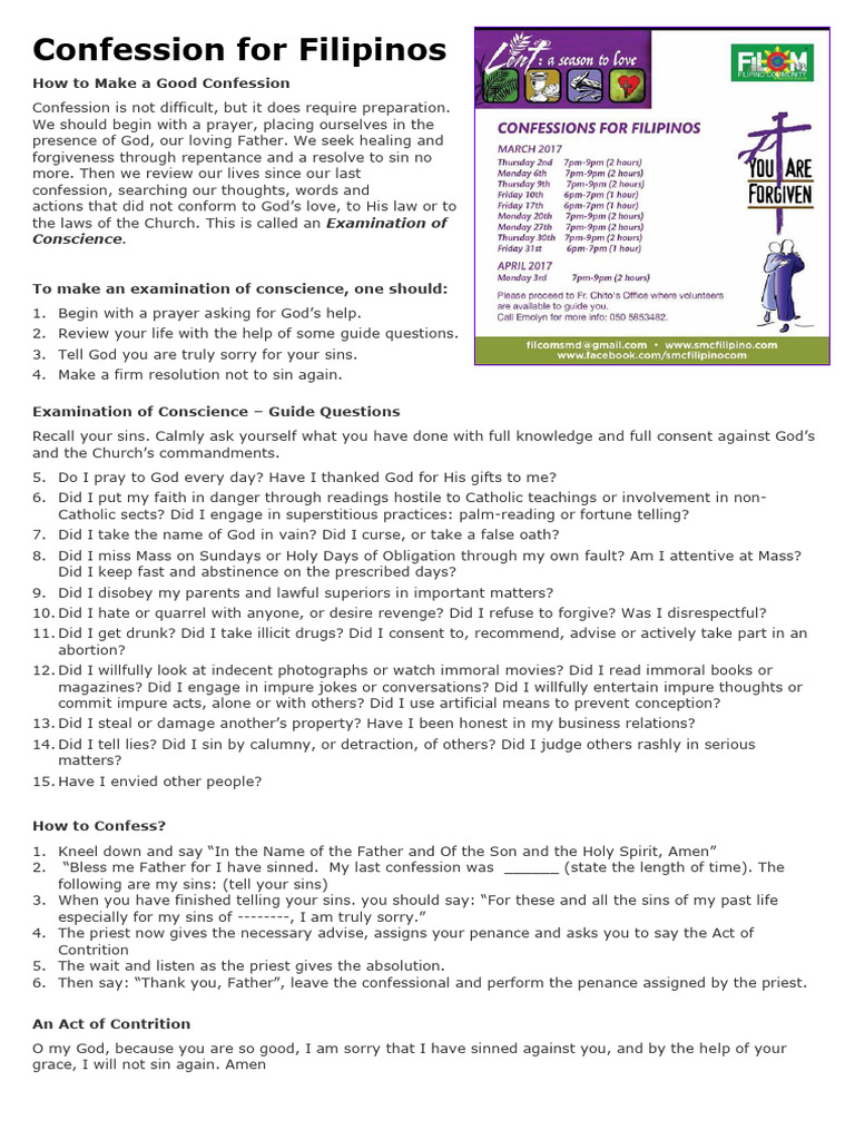 How To Make A Good Confession With Tagalog Lent 2017rev1 | PDF