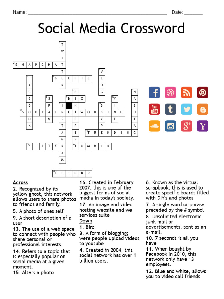 Social Media Crossword Puzzle | PDF | Popular Culture & Media Studies ...