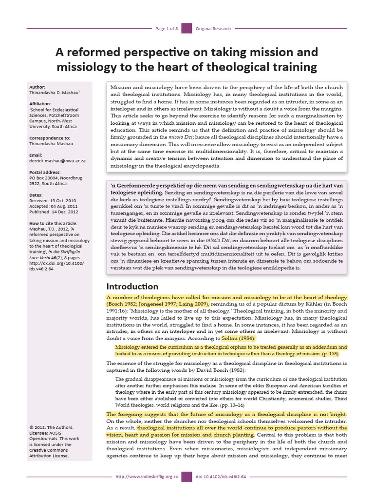 A Reformed Perspective On Taking Mission and Missiology To The Heart of ...