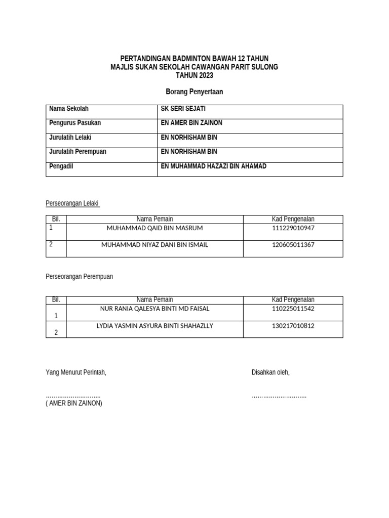 Penyertaan Badminton MSSC P Sulong 2023 | PDF
