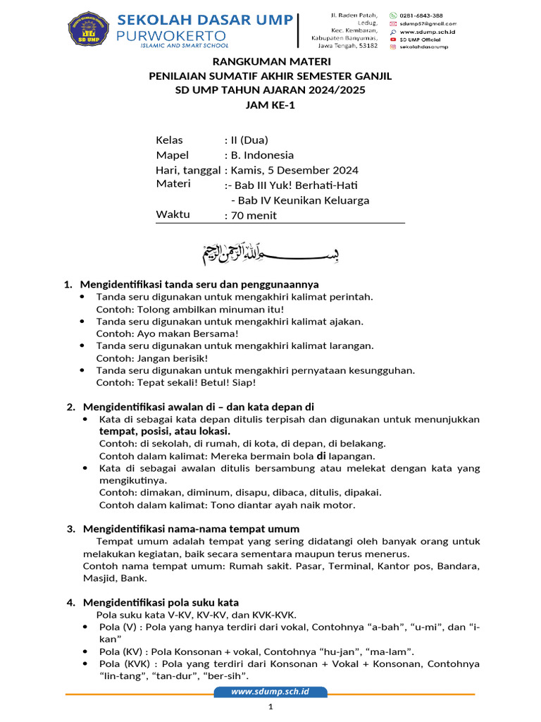 Penilaian Akhir B. Indonesia SD UMP 2024 | PDF