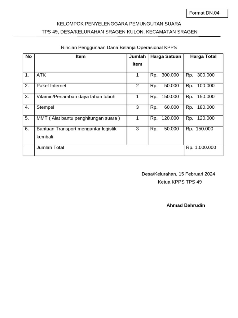 TPS 49 Rincian Penggunaan Dana Operasional KPPS | PDF