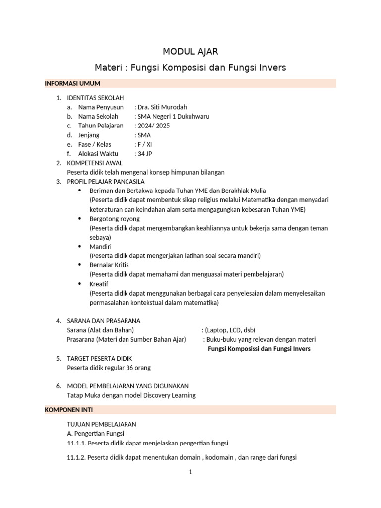 Modul Ajar 1 Materi Fungsi Komposisi Dan Fungsi Invers | PDF