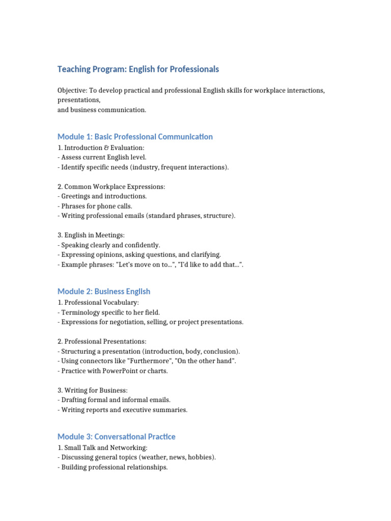 Teaching Program English for Professionals | PDF | English Language ...