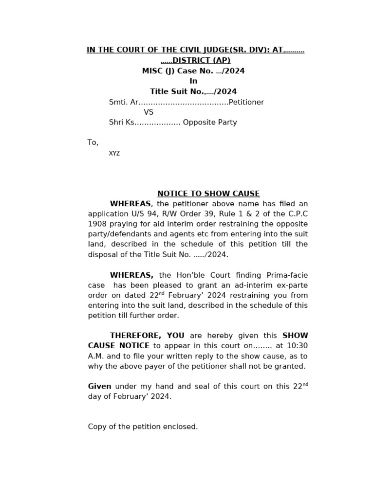 Show Cause Notice in Civil Case 2024 | PDF