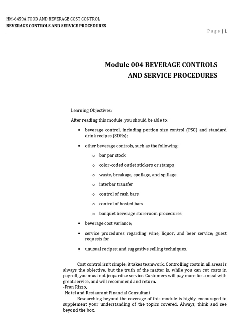 W4-Module 004 BEVERAGE CONTROLS AND SERVICE PROCEDURES | PDF | Percentage | Inventory
