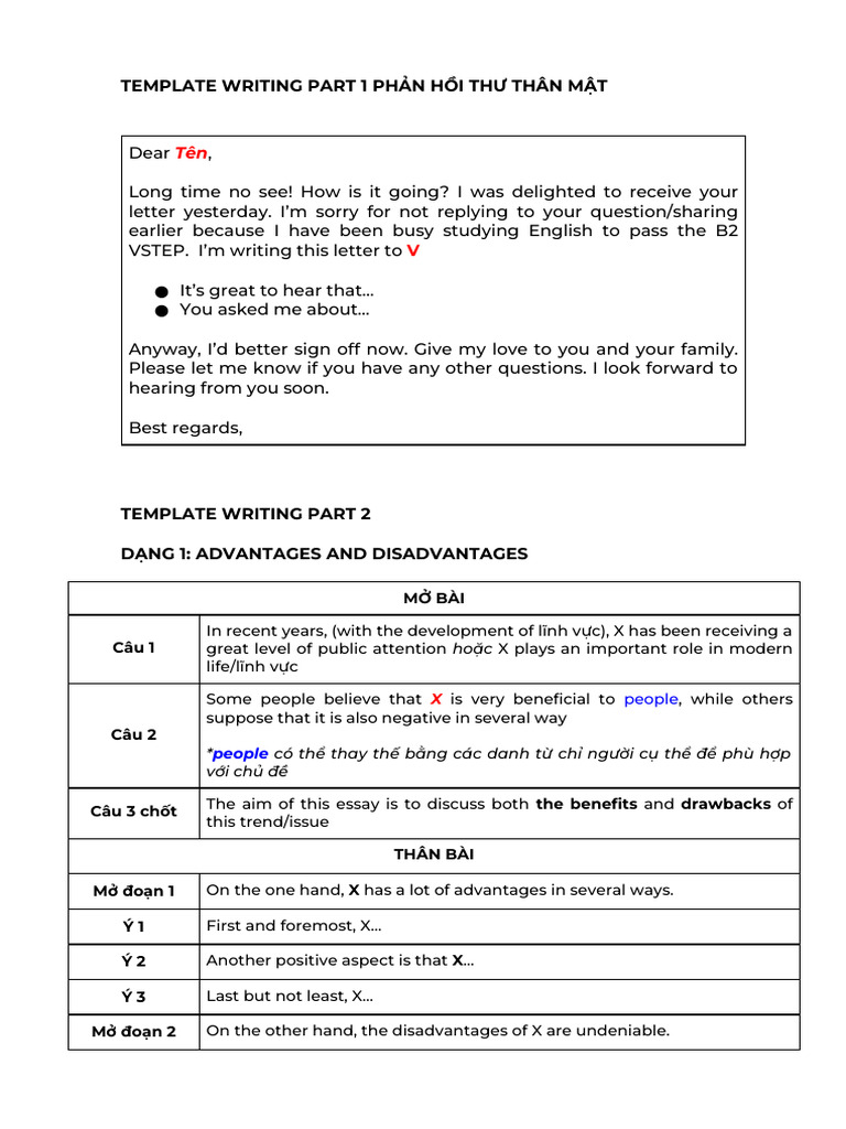 Template Writing, Speaking Vstep B2 | PDF
