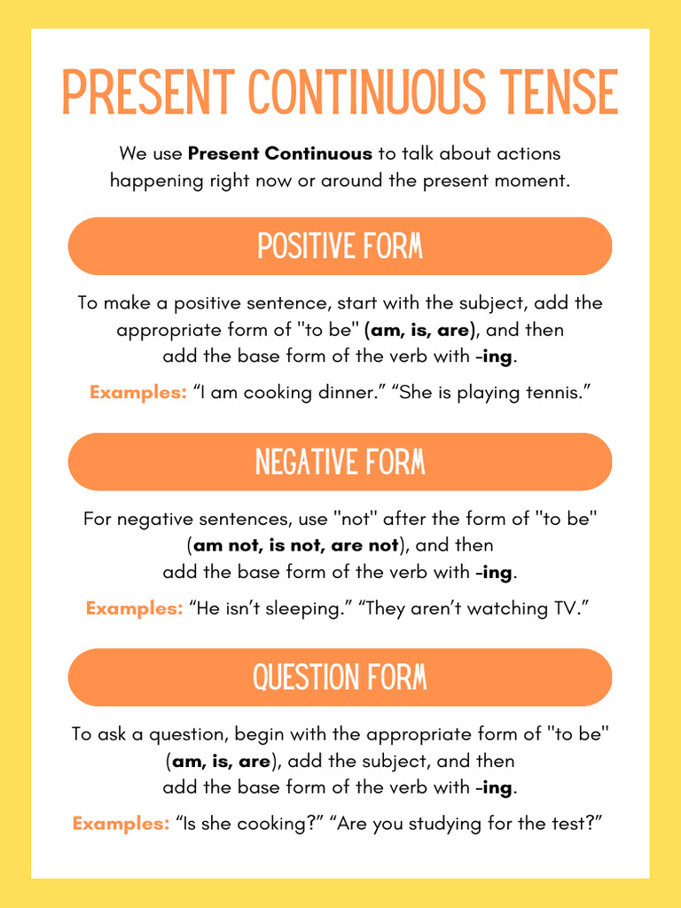 Present Continuous Tense Poster in Orange Yellow Basic Style | PDF