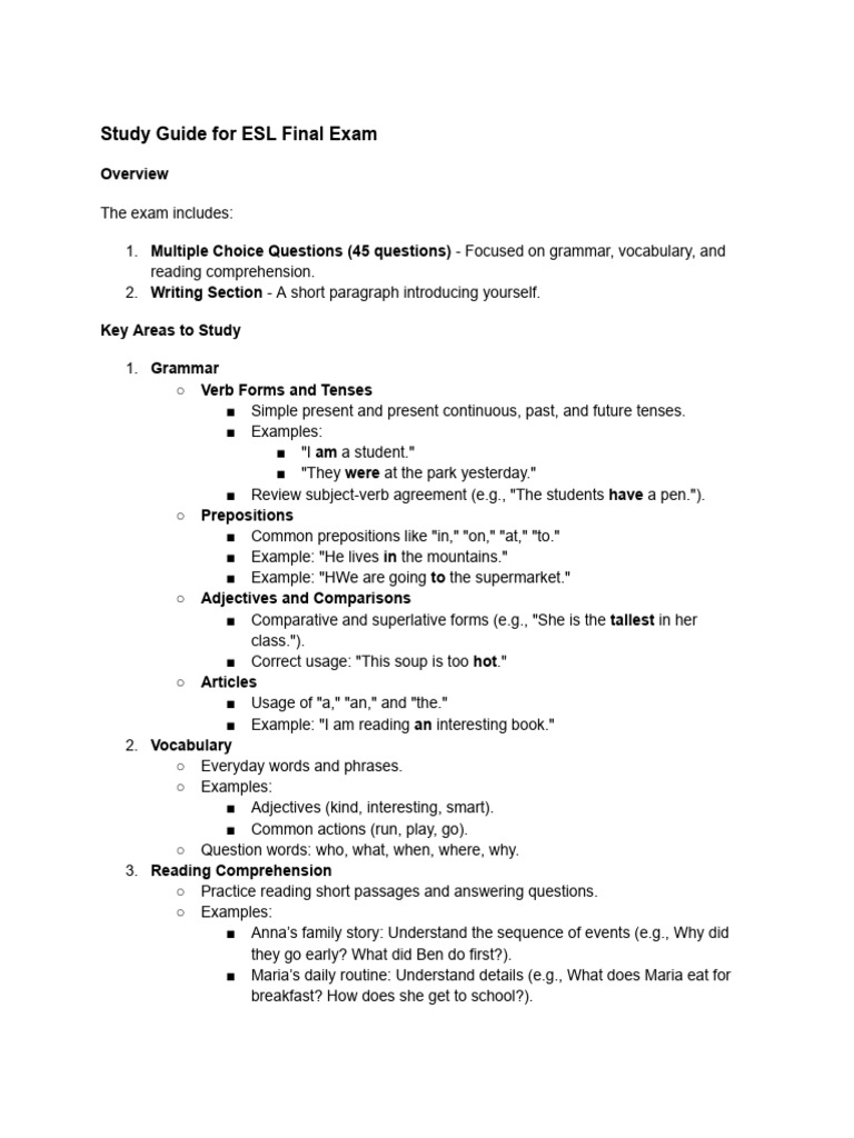 ESL Final Exam Study Guide | PDF | Verb | Adjective