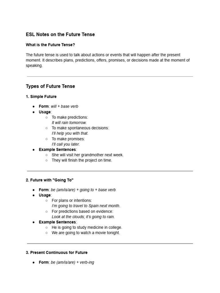 ESL Notes On The Future Tense | PDF | Verb | Linguistics