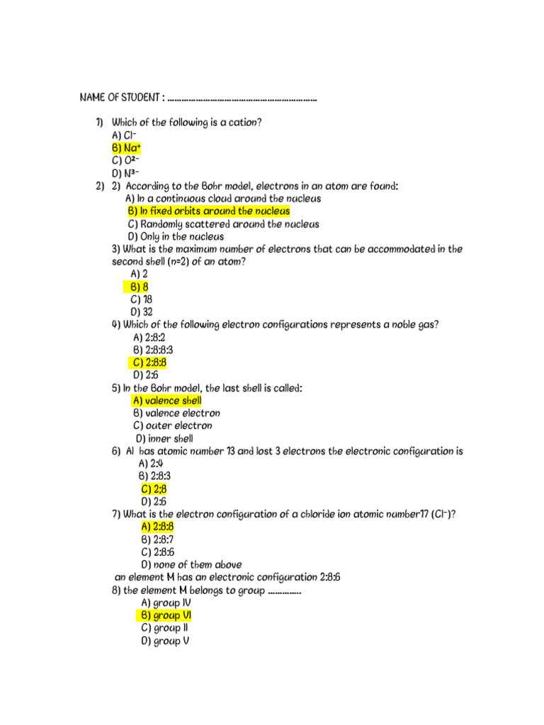 Chemistry Quiz on Electron Configuration | PDF | Electron Configuration ...