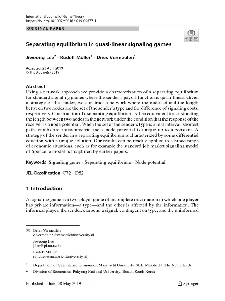 Separating Equilibrium in Quasi Linear S | PDF | Function (Mathematics ...