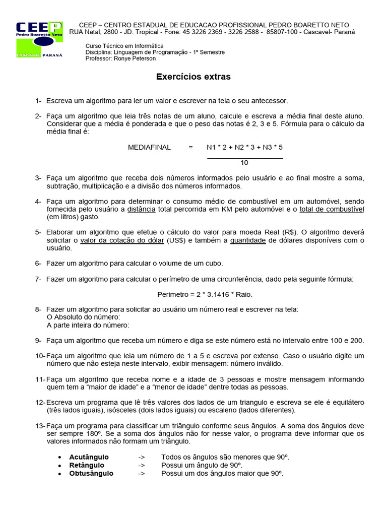 Exercicios Extras - Algoritmos | PDF | Triângulo