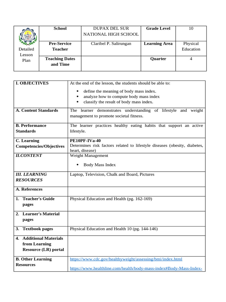Detailed Lesson Plan 5 | PDF | Body Mass Index | Overweight