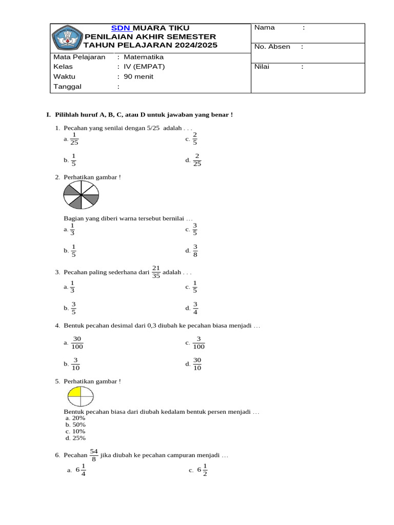 SOAL PAS MTK KELAS 4 GANJIL BUNAIYAH | PDF