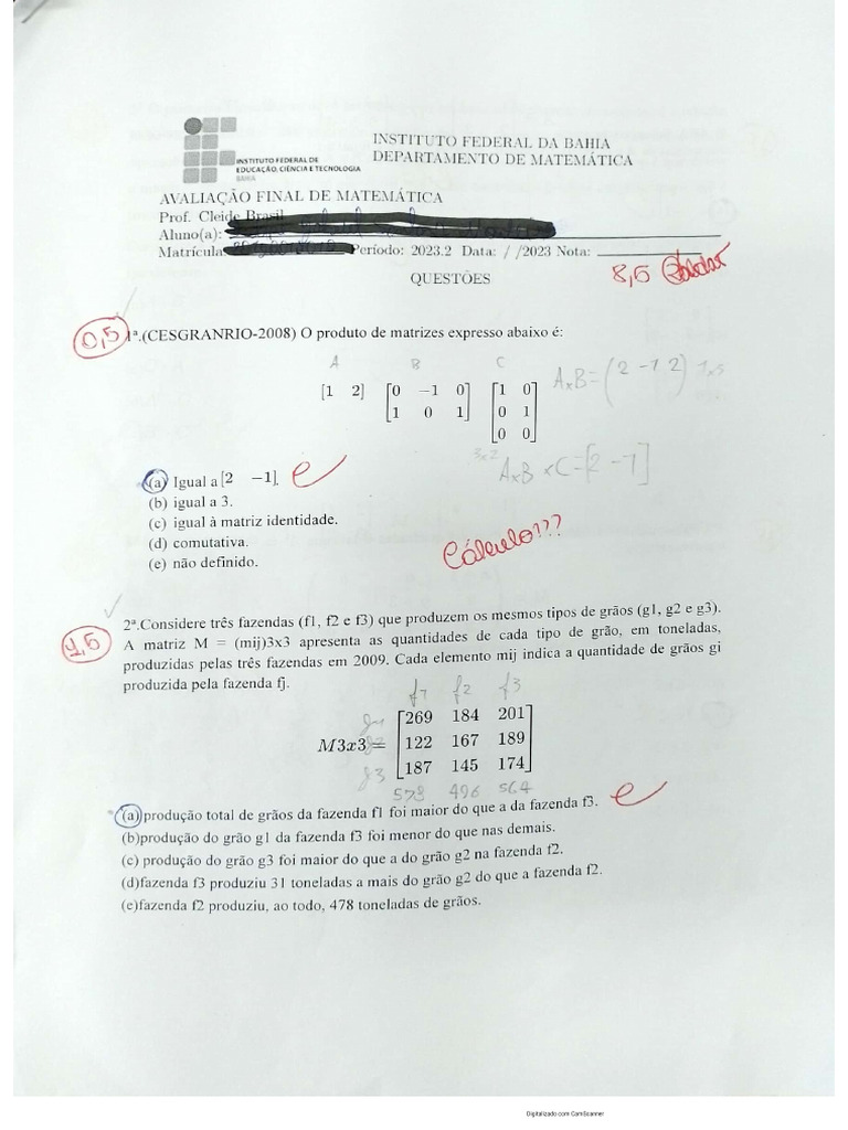 Prova - Matrizes | PDF