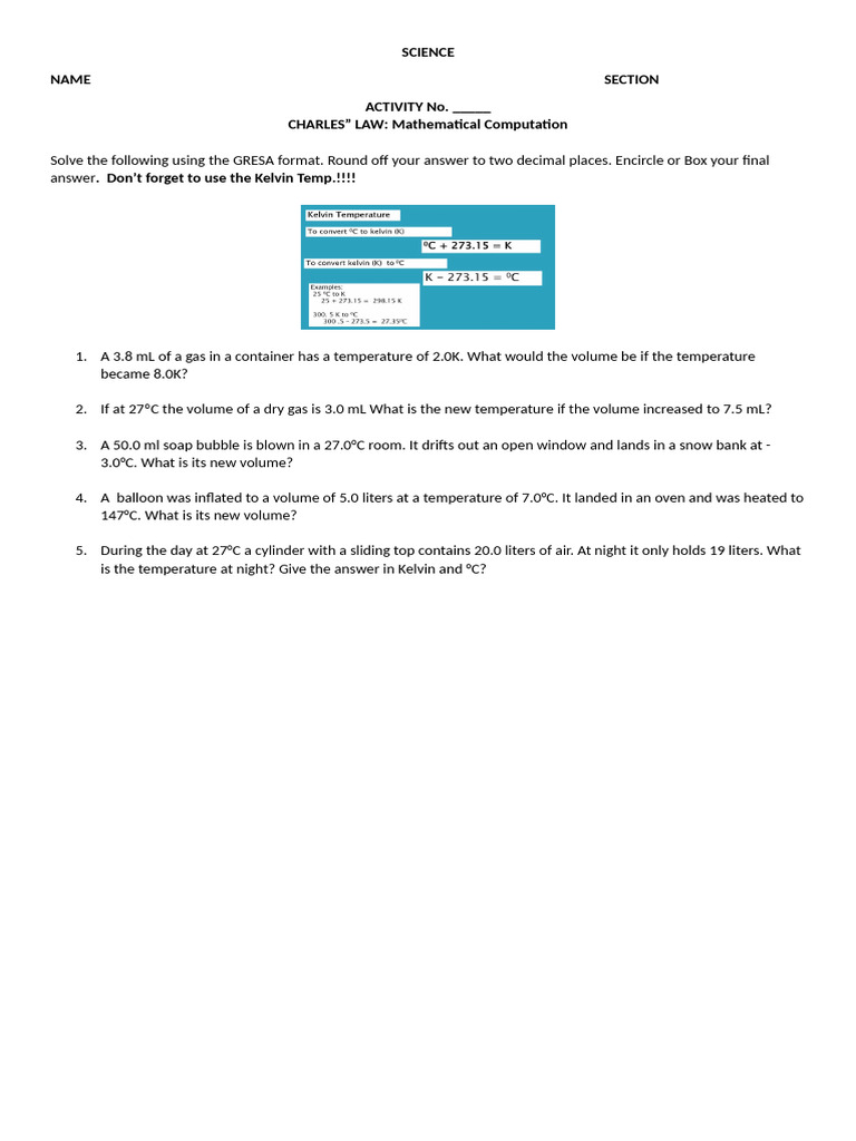 Activity Charles Law Mathematical Computation | PDF