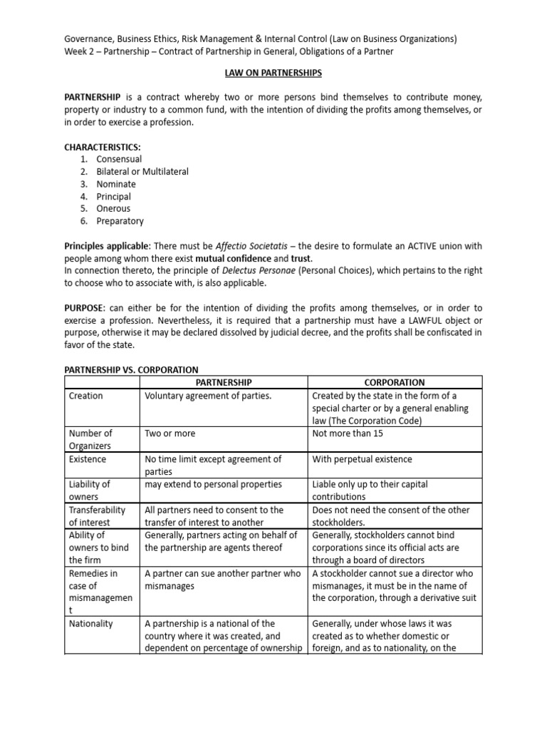 Week 2 - Partnership (Contract of Partnership in General, Obligations ...
