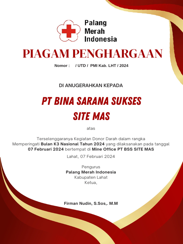 Piagam Penghargaan PT BSS SITE MAS (2) | PDF